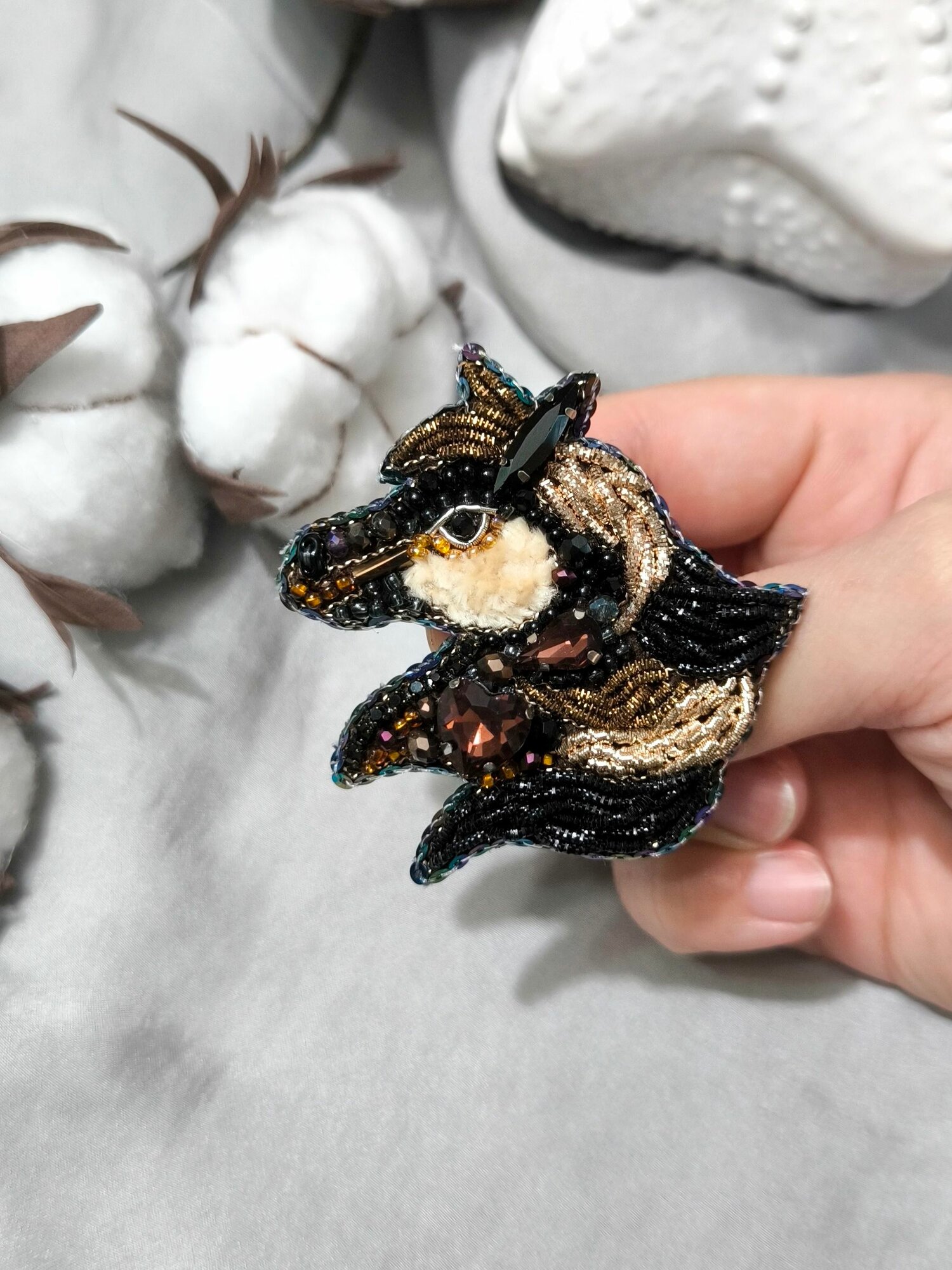 Брошь, стекло, кристалл, бисер