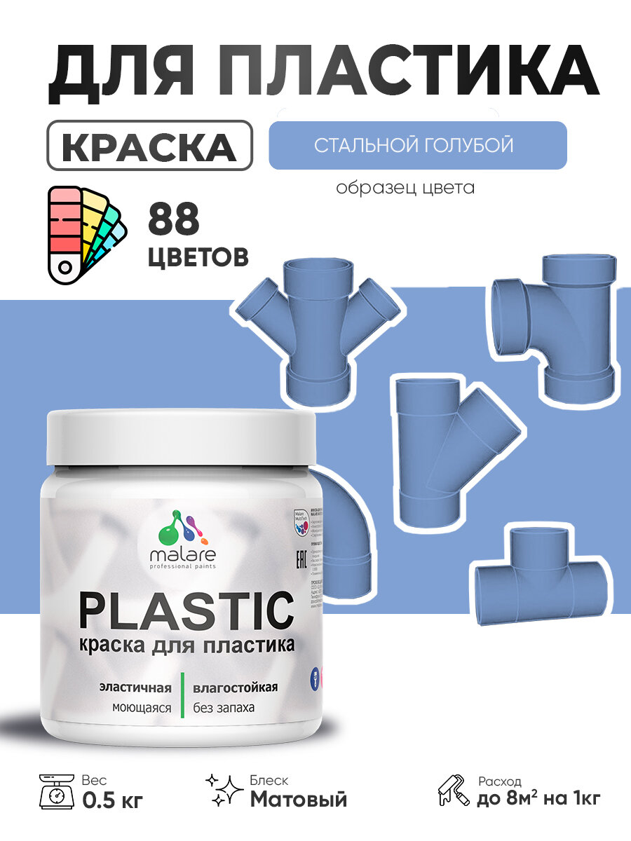 Акриловая краска для пластика Malare Plastic для пенопласта ПВХ сайдинга, для подоконников и откосов, быстросохнущая без запаха, матовая, стальной голубой, 0.5 кг