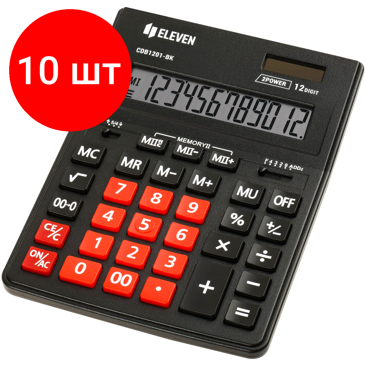 Комплект 10 шт, Калькулятор настольный Eleven Business Line CDB1201-BK/RD, 12 разрядов, двойное питание, 155*205*35мм, черный/красный