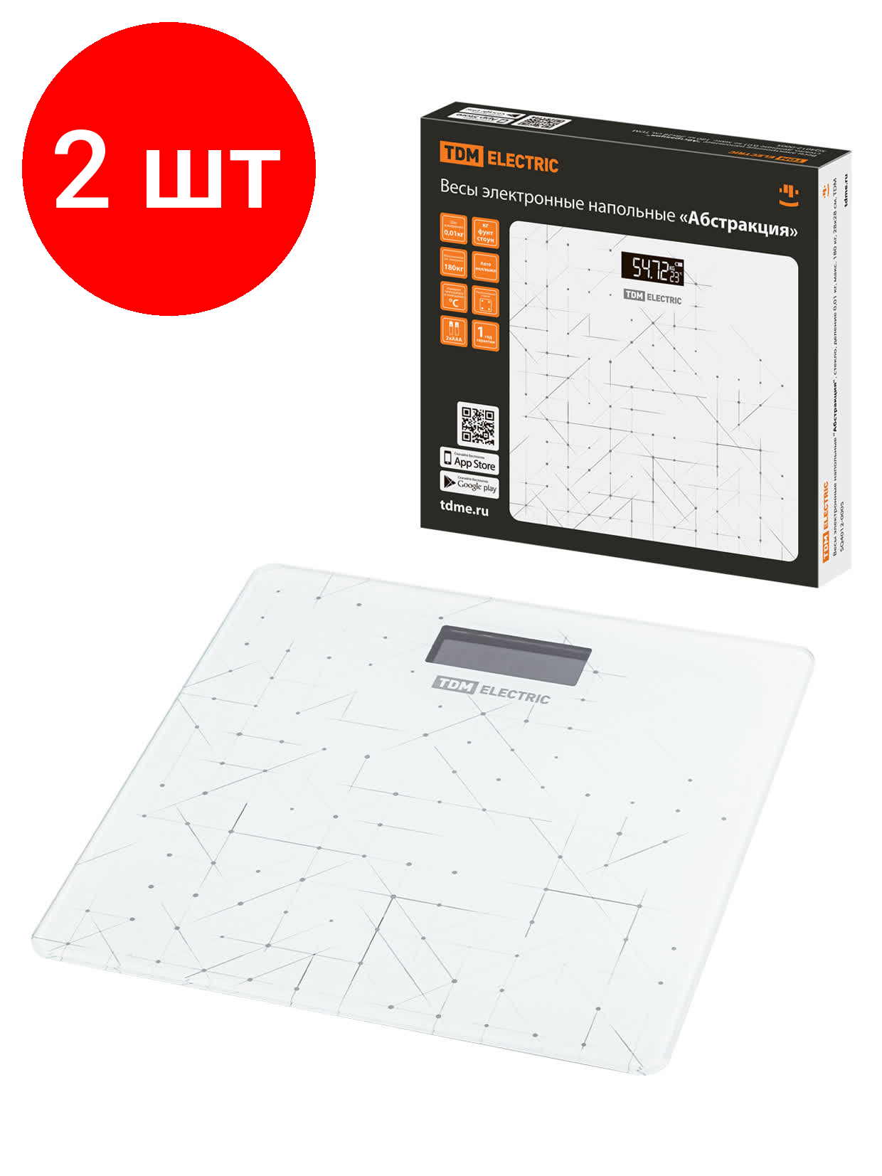 Комплект 2 шт, весы напольные 180КГ электр 28Х28СМ LED диспл стекло 28Х28СМ абстракция TDM