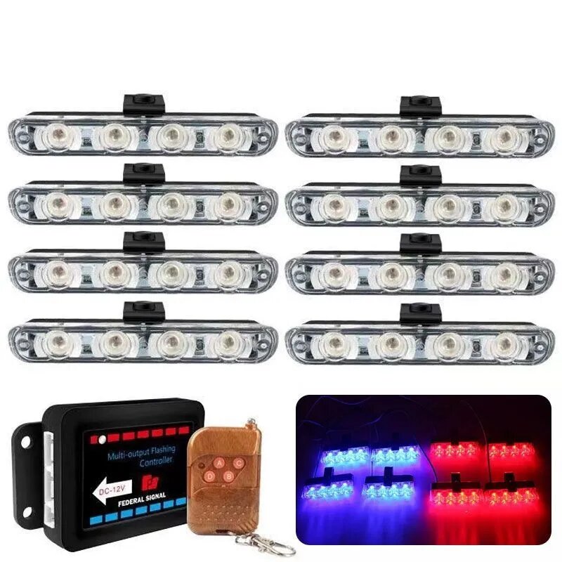 8 Шт. Автомобильные Светодиодные Красные И Синие Стробоскопические Сигнальные Огни На Решетке С Дистанционным Управлением