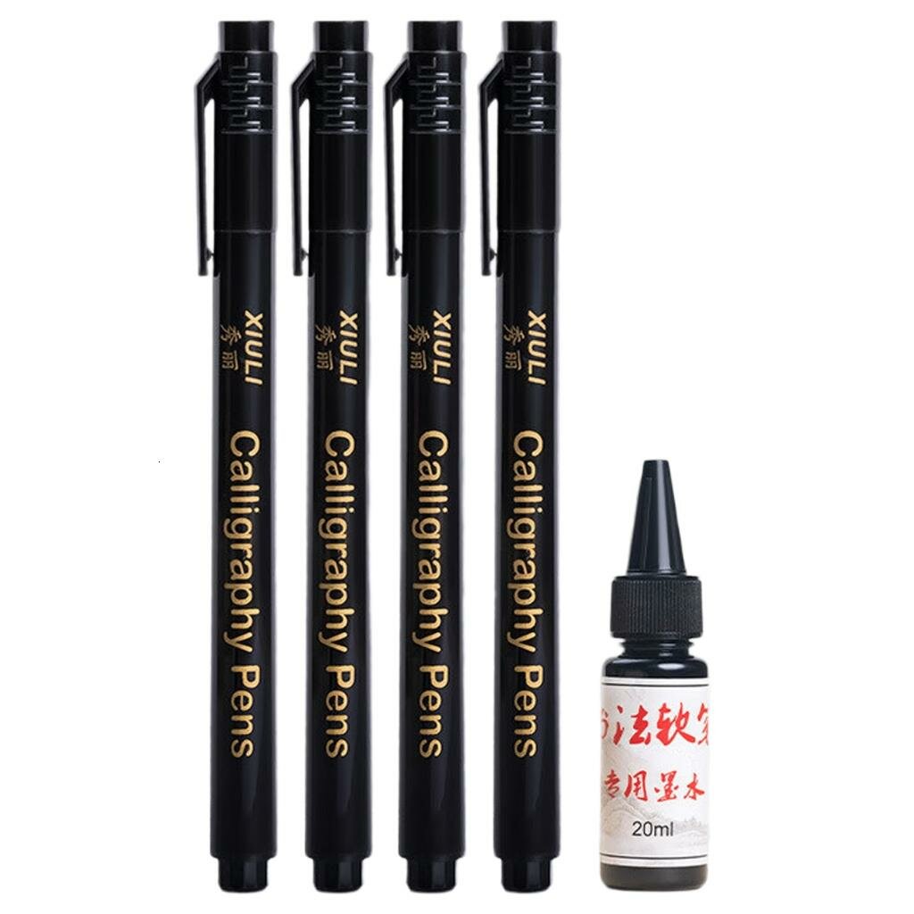 4шт Многоразовая каллиграфическая ручка Fine Line Brush включает в себя 25 МЛ чернил для рисования