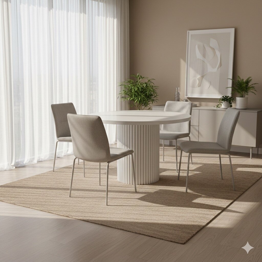 Стол кухонный раздвижной Айсберг, диаметром 100см, белый матовый, с подстольем из труб, разложенный 130х100см