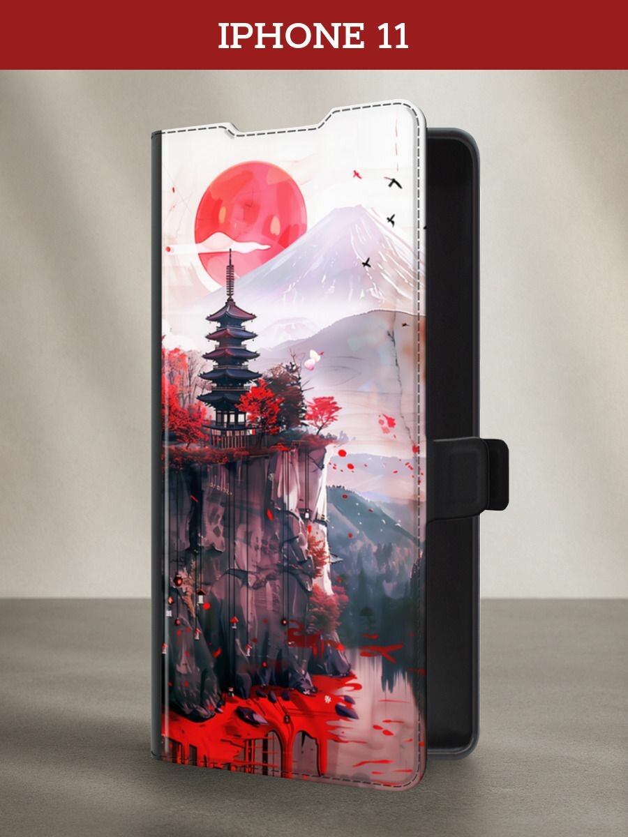 Чехол-книжка на Apple iPhone 11 / Айфон 11 с принтом Японская картина, черный