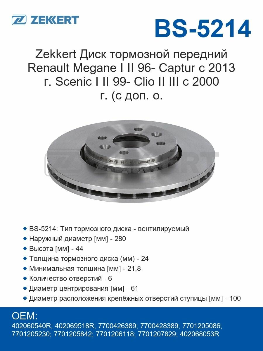 Zekkert Диск тормозной передний Renault Megane I II 96- Captur с 2013 г. Scenic I II 99- Clio II III с 2000 г. (с доп. о.
