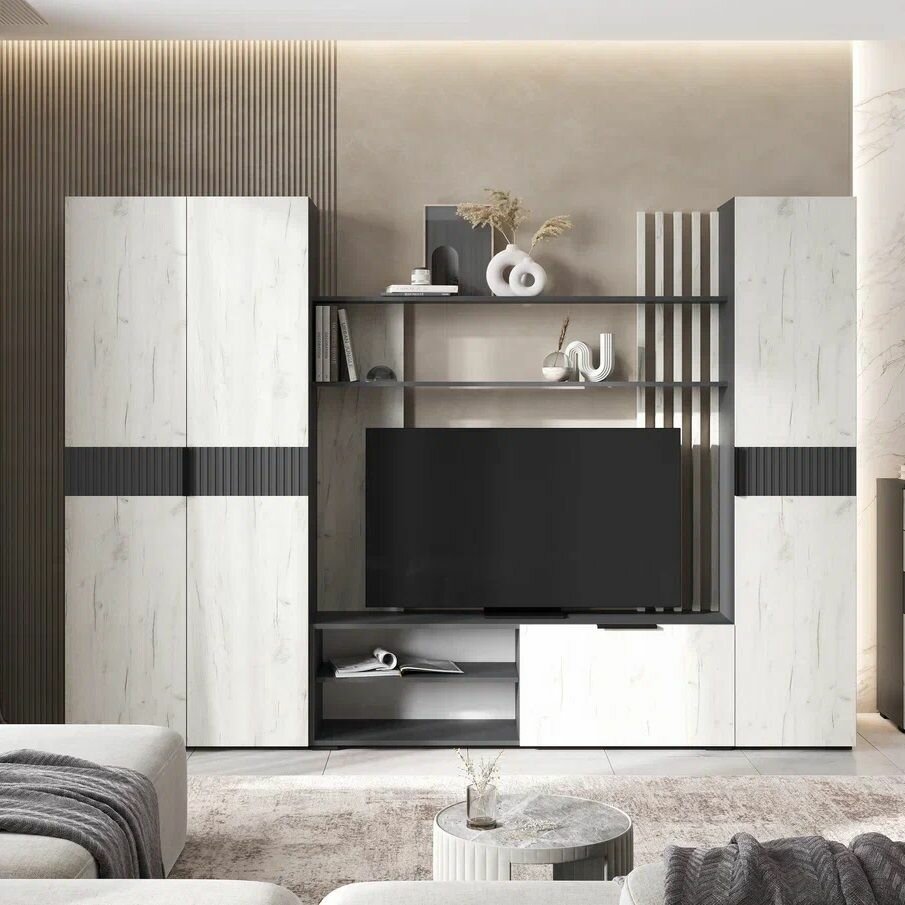 Стенка в гостиную под телевизор Роджина, мебель со шкафом и секциями для хранения, 260х35х182.6 см, Графит/Дуб крафт белый