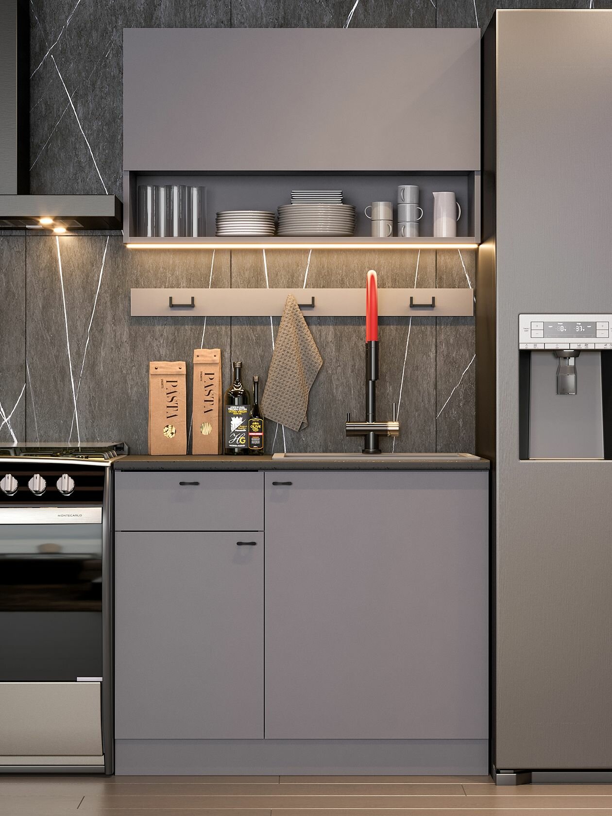 Кухонный гарнитур Энни 1 м, мебель для дома и кухни, Графит серый / столешница Черный