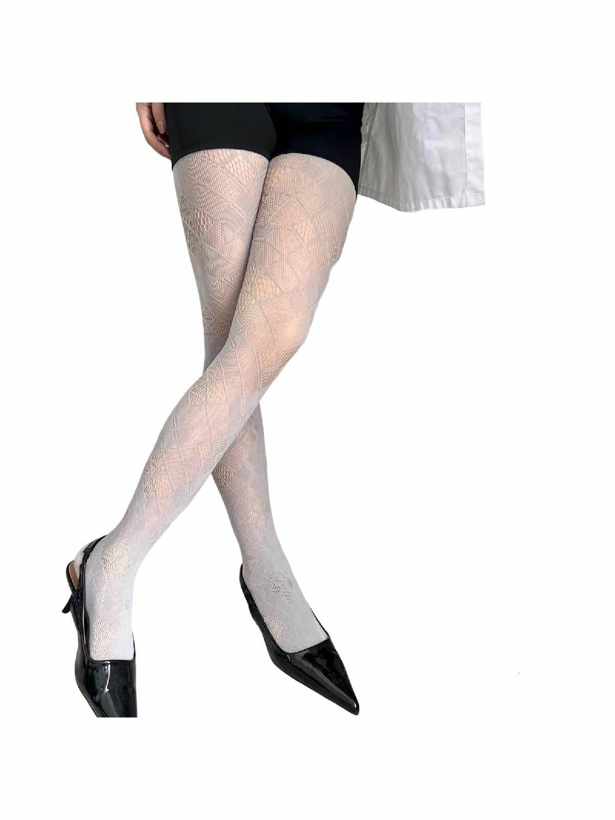 Клетчатые кружевные колготки, Светло - серый