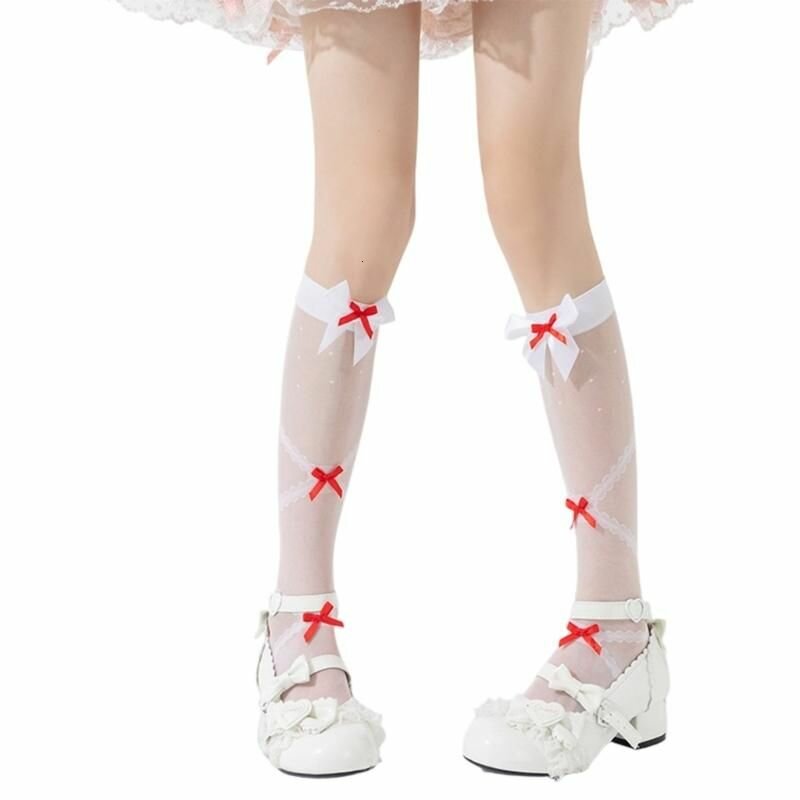Женские прозрачные гольфы с бантом, красное на белом