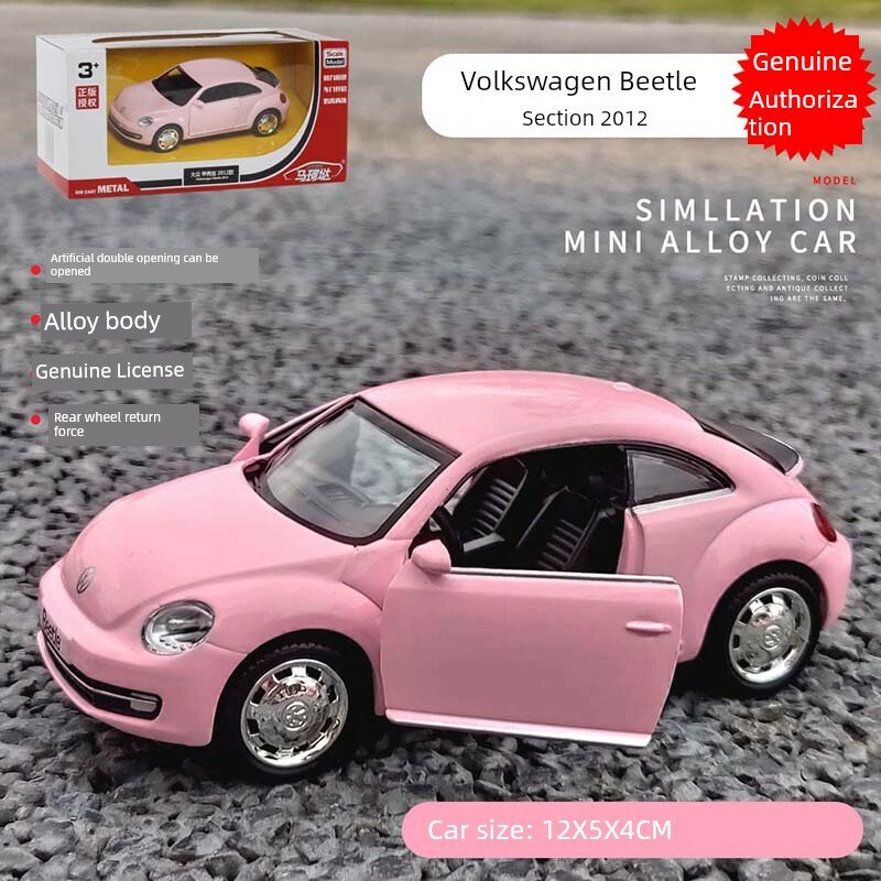 Модель автомобиля Volkswagen Beetle 2012 из сплава, розовый цвет, масштаб 1:18, винтажный дизайн для детей