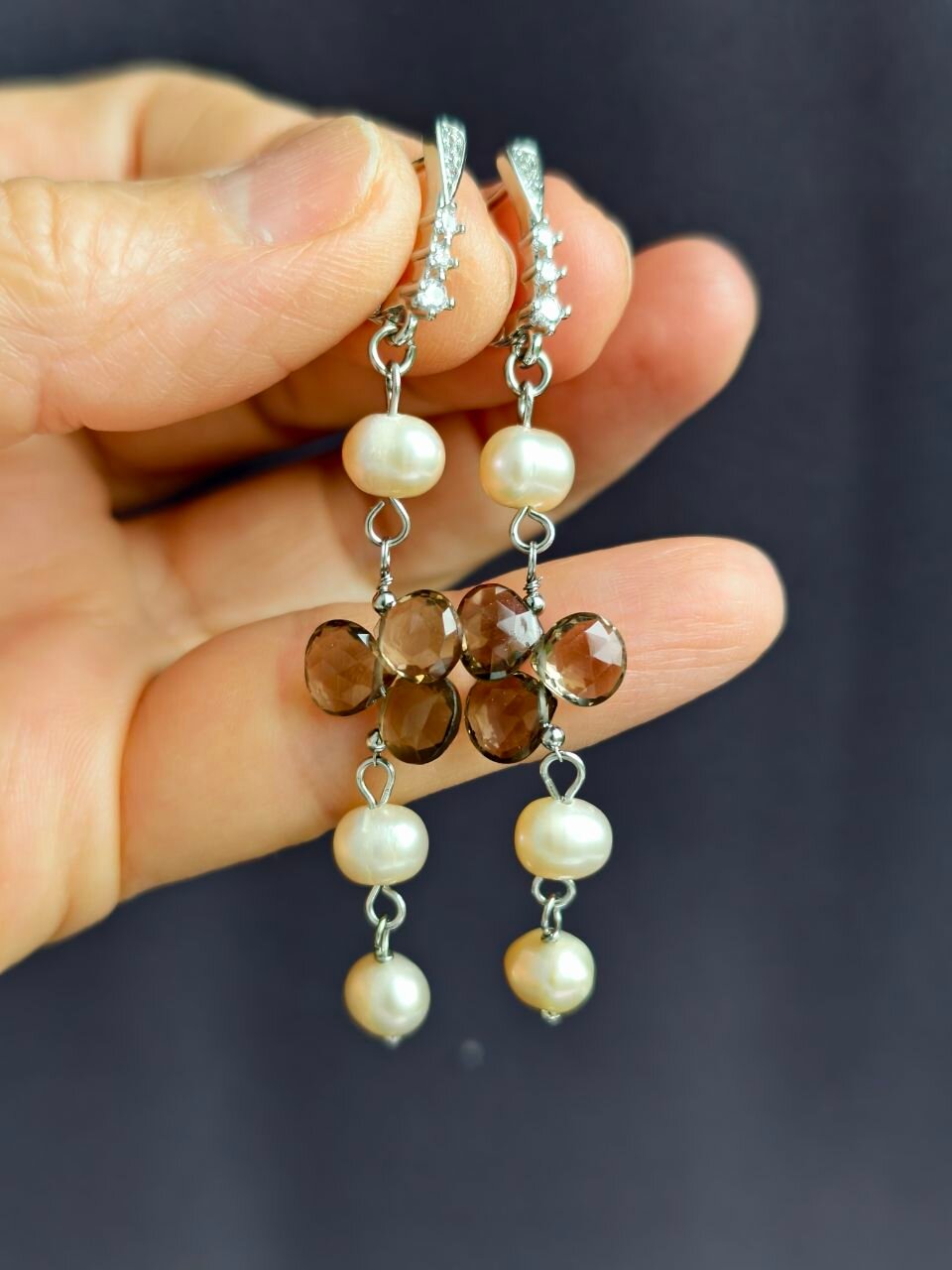 Серьги Камни Елены, жемчуг культивированный, раухтопаз