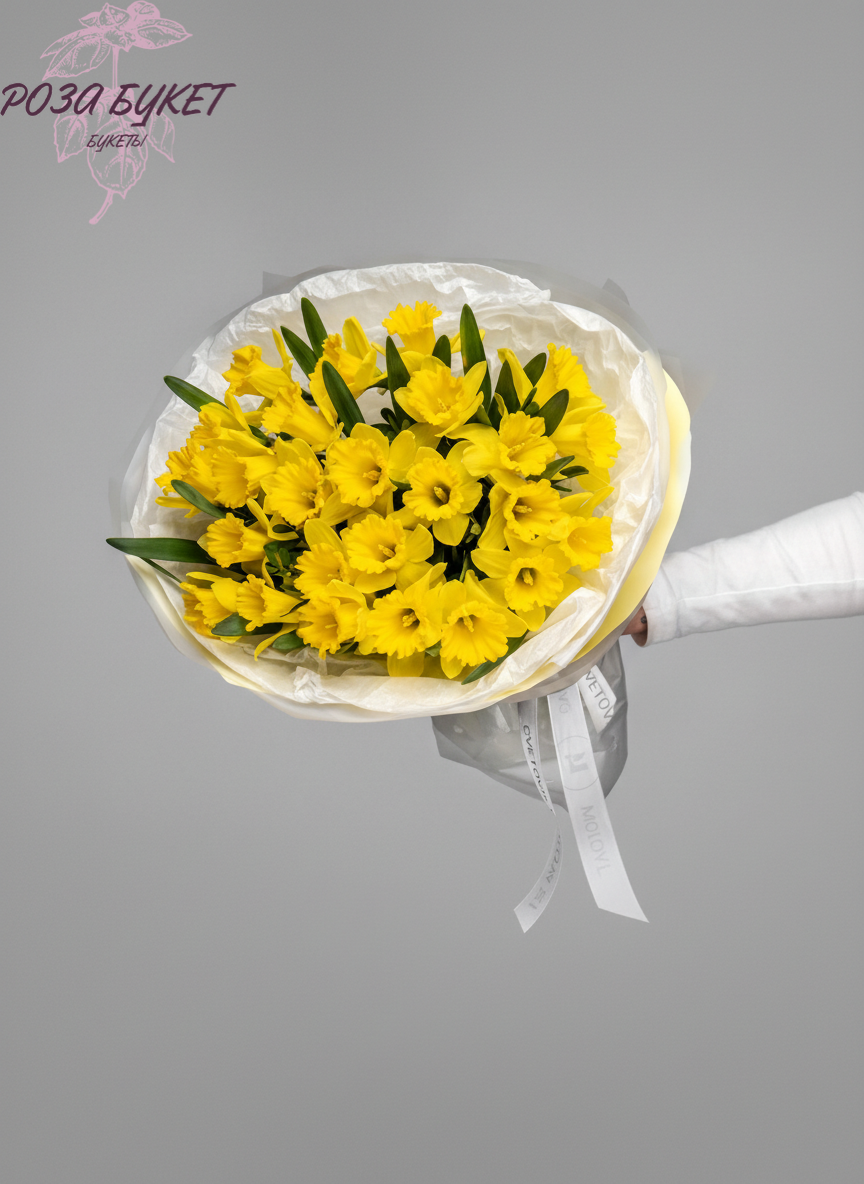 Букет цветов, букет из 25 желтых нарциссов в дизайнерской упаковке, премиум, долгий букет, весенний букет