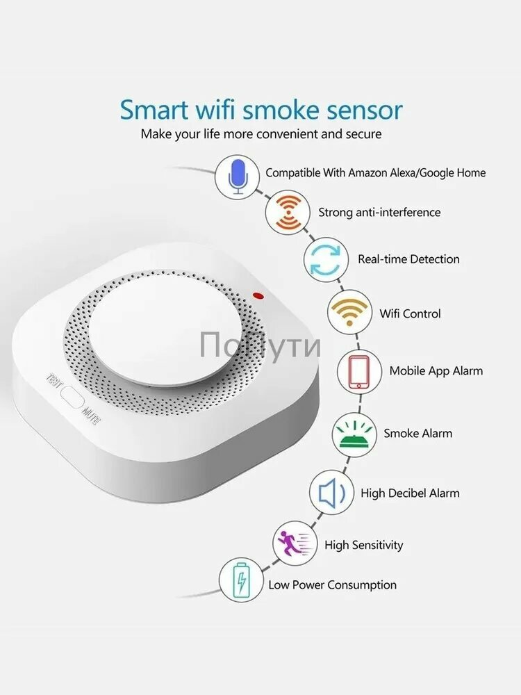 Умный датчик дыма WiFi / Пожарный извещатель