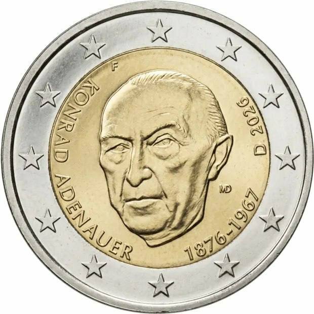 Германия 2 евро 2026 "Конрад Аденауэр", Биметалл, в сохранности UNC