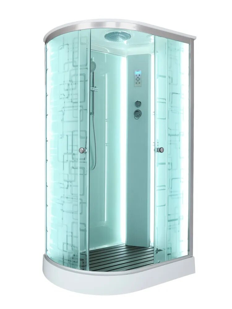 Душевая кабина DTO с крышей, низким поддоном, электрикой + LED, матовое стекло с узором, 110х80х220 см, серия EM