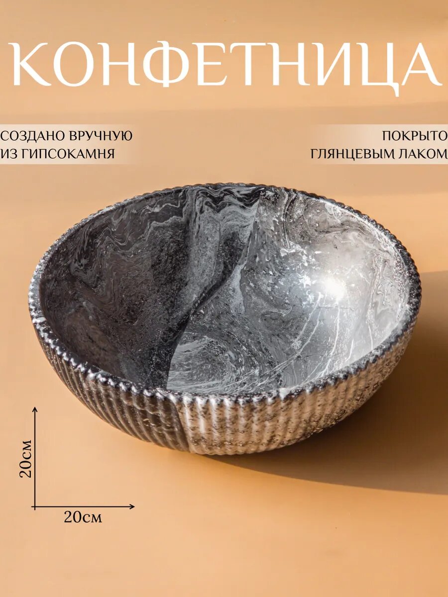 Конфетница 20х20х7см, ваза для конфет, ребристая, цвет чёрный мрамор