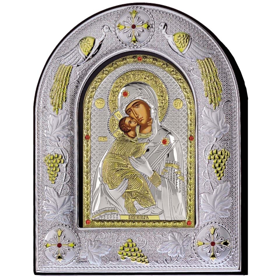 Владимирская Божья Матерь. Икона в серебряном окладе. (20 х 25 см / В серебряном окладе в киоте под стеклом)