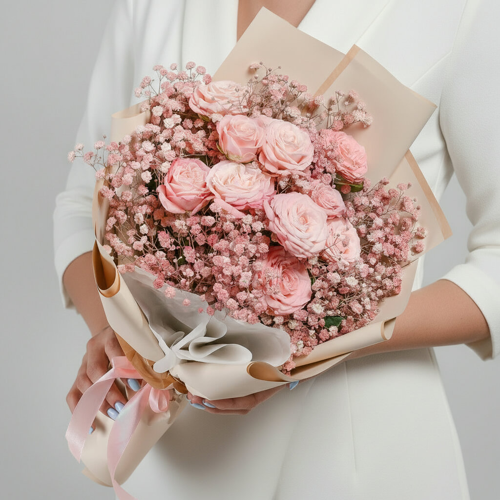 Дуо-букет Мегацвет24, "Вишнёвая Пудра" , роза Бомбастик и гипсофила, дизайнерская упаковка