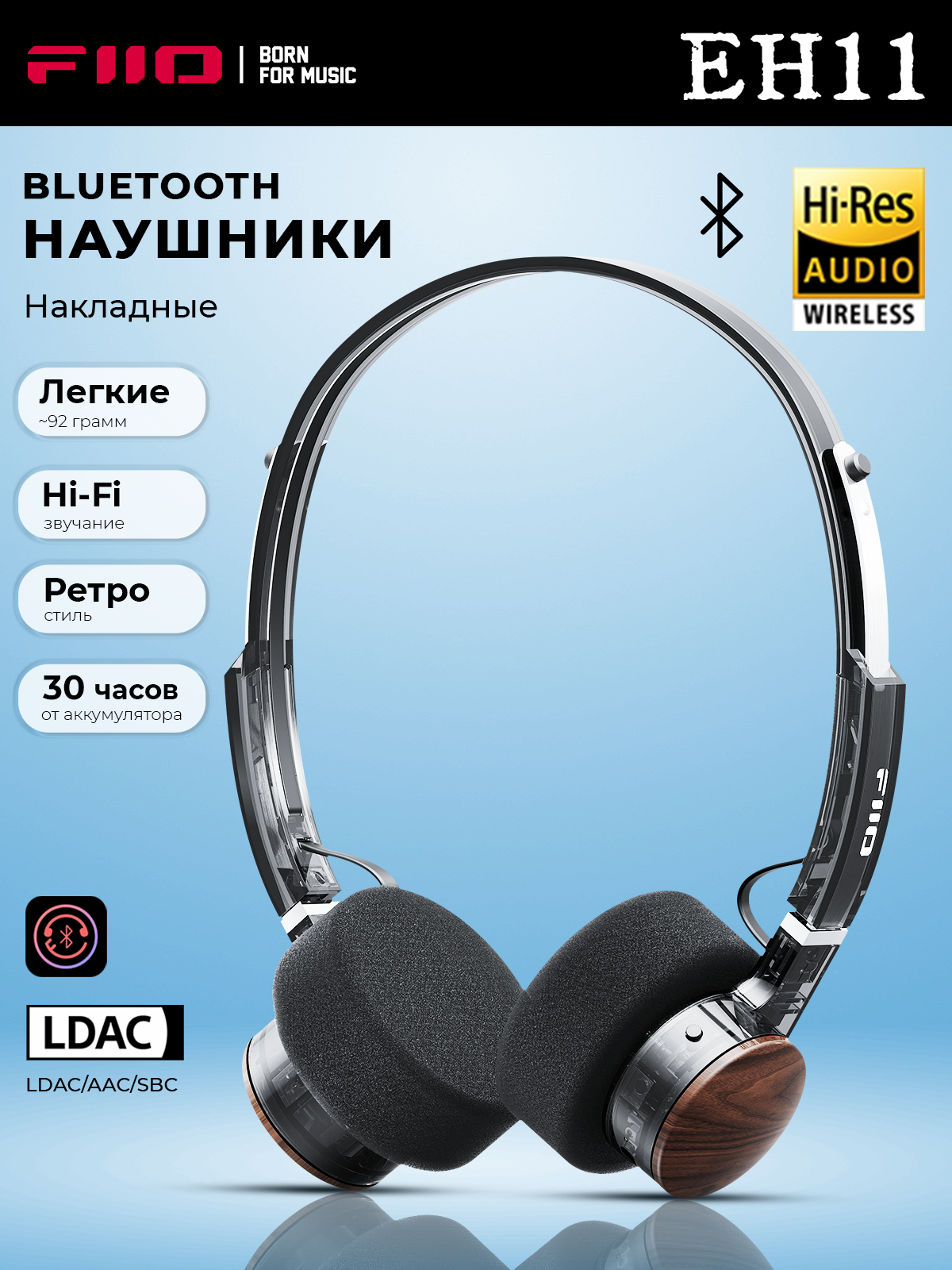 Наушники FIIO EH11 (F4431E) Transparent Black, Bluetooth, накладные