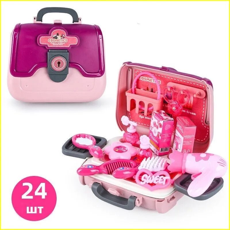 Бестселлер для ролевых игр Розовый набор для макияжа и причесок для девочек 24 предмета