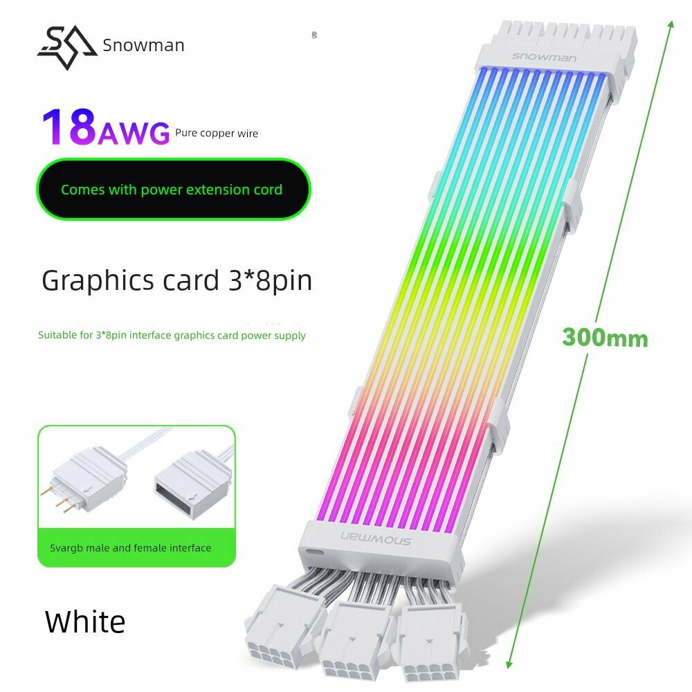 ARGB RGB световая полоса с 3x 8-контактными разъемами, белая, предназначена для установки на видеокарту в корпус ПК