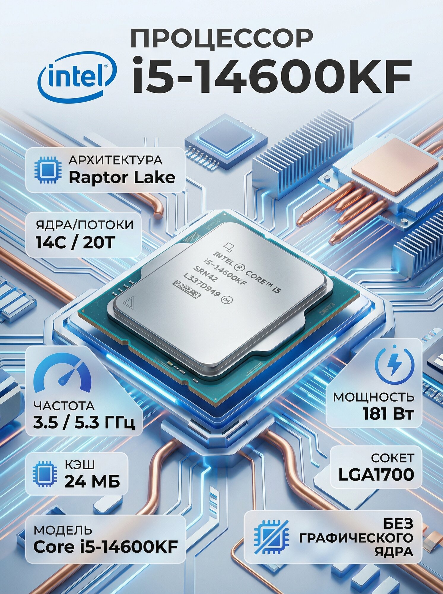 Процессор Intel Core i5-14600KF (CPU LGA1700, Raptor lake, 14C/20T, 3.5/5.3GHz, 24MB, 181W), CM8071504821014, OEM