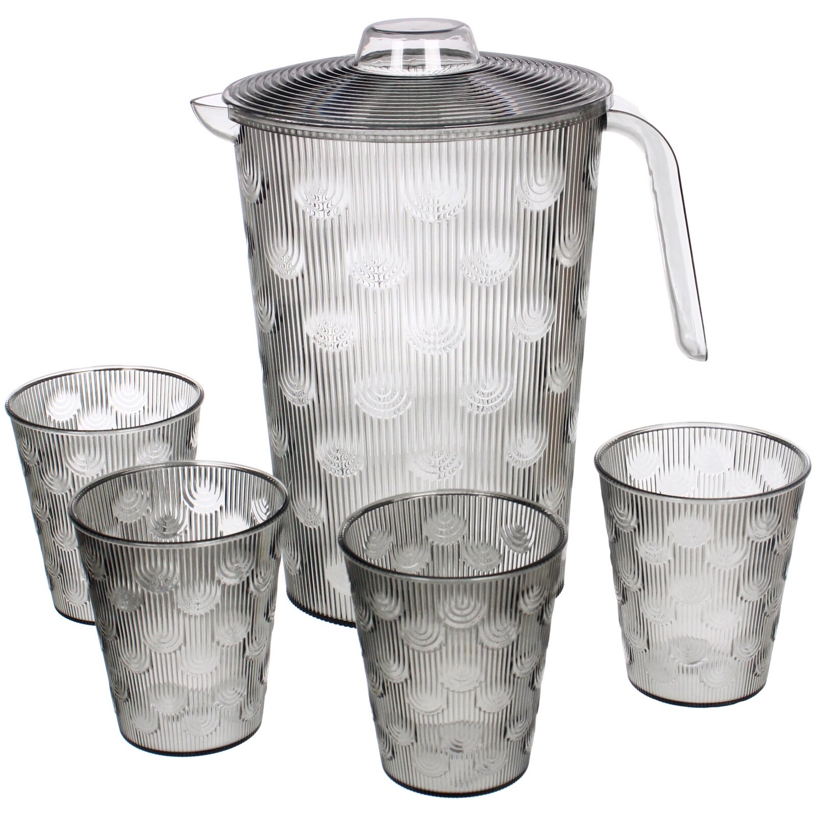 Набор кувшин 1.5л и 4 стакана по 200мл, пластик, дымчато-серый, с крышкой