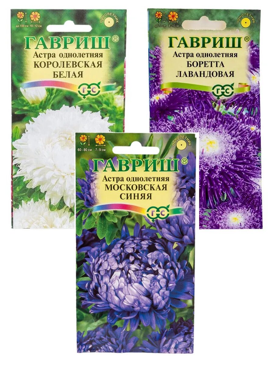 Набор семян Астра Королевская Белая, Боретта и Московская синяя