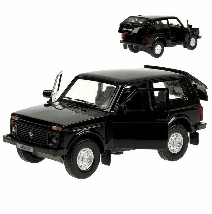 Игрушка модель машины LADA Niva 4x4 длина 12 см, двери, багаж, инерц, черный, коробка