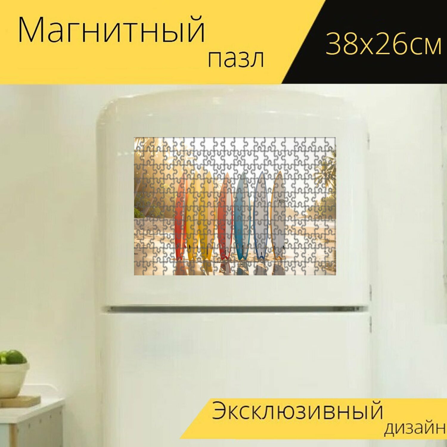 Магнитный пазл "Серфборды на тропическом пляже. Ряд разноцветных досок для серфинга у океана, пальмы, золотой закатный свет, отражения на мокром песке." для интерьера, 38х26 см.