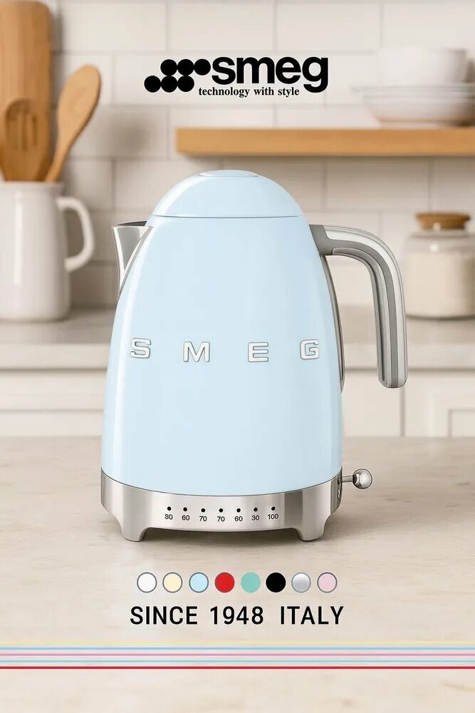 Электрический чайник Электрочайник Smeg KLF04 1.7 л с регулировкой температуры 2.4 кВт стильный для кухни автоотключение съемный фильтр нержавеющая сталь 220-240В Красный синий, голубой, белый