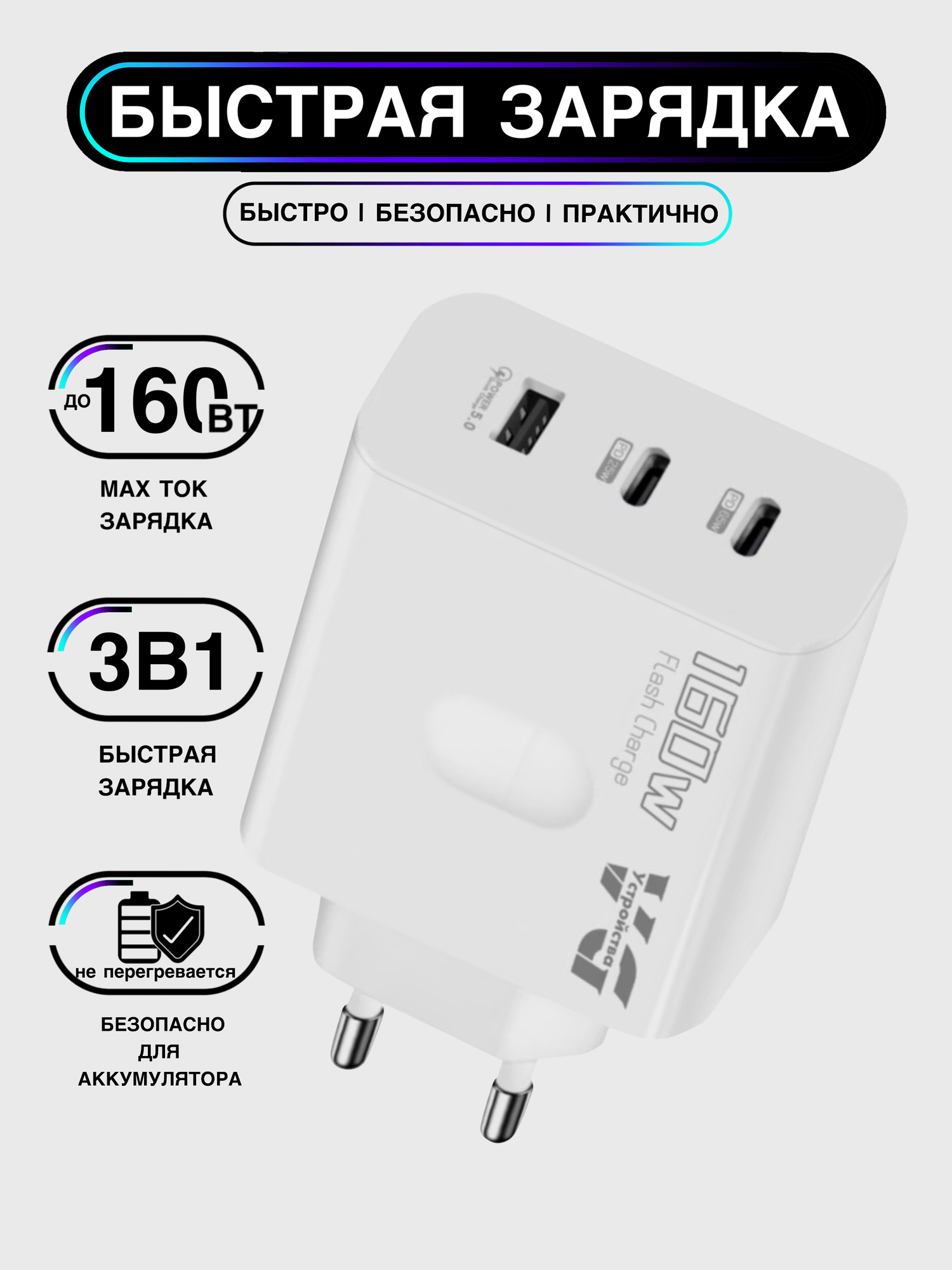 Зарядное устройство (адаптер) для зарядки телефона, планшета. 1 USB порта и 2 Type-C разъема. 160Вт 5В / цвет черный