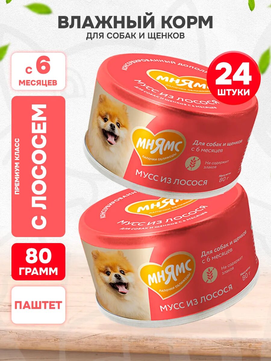 Корм влажный Мнямс для собак и щенков мусс, лосось, 80 г х 24 шт