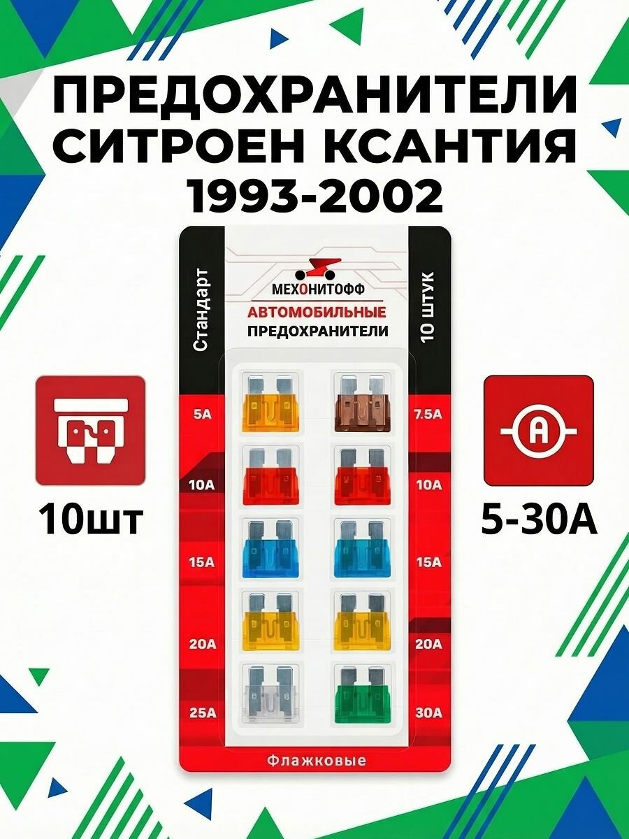 Предохранители Ситроен Ксантия с 1993-2002 год, Стандарт 10 шт / Citroen Xantia