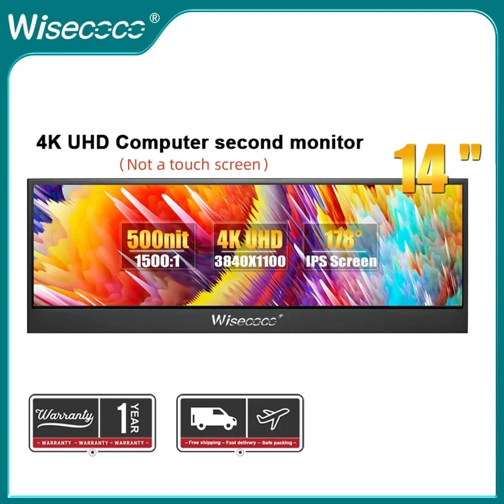 Wisecoco 14" 4K UHD 3840x1100 Портативный монитор IPS LCD Сенсорный экран Бар-монитор Вторичный экран для ПК Корпус компьютера GPU Aida64