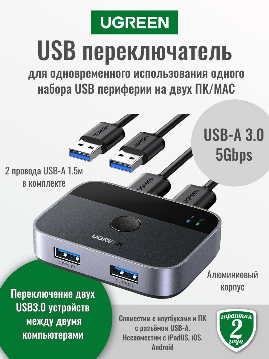 USB3.0 переключатель для двух ПК UGREEN CM757 (35313) USB-A 2 входа + 2 выхода
