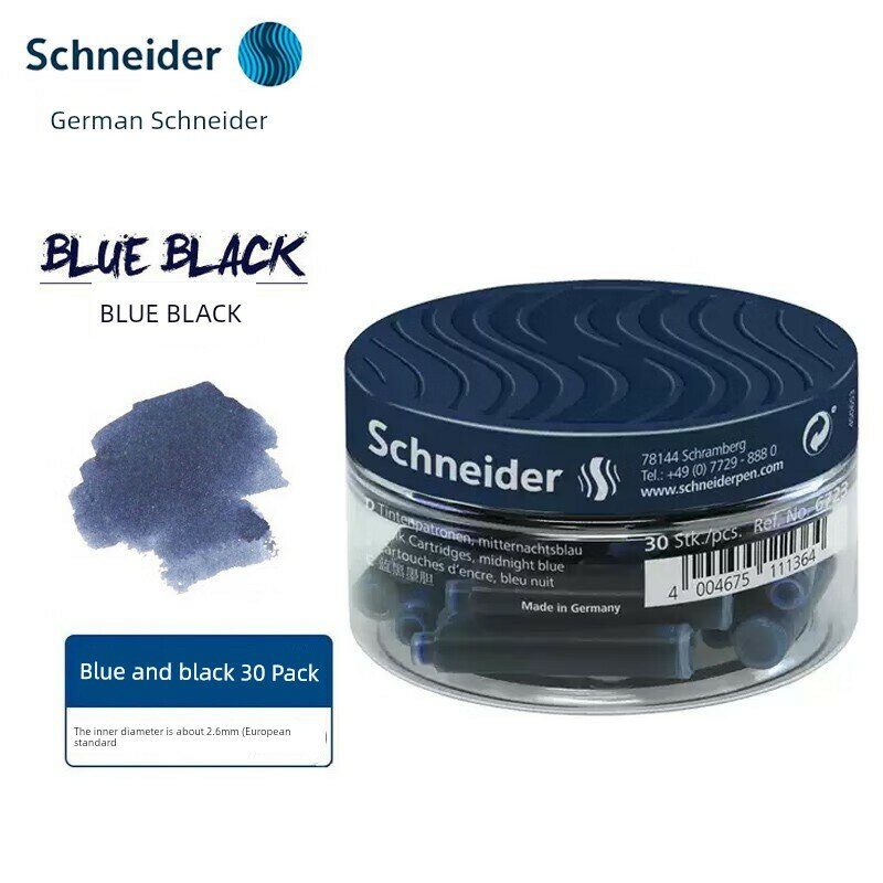 Schneider чернильные капсюлы голубо-черные 30 штук в пластиковом флаконе универсальные для ручек