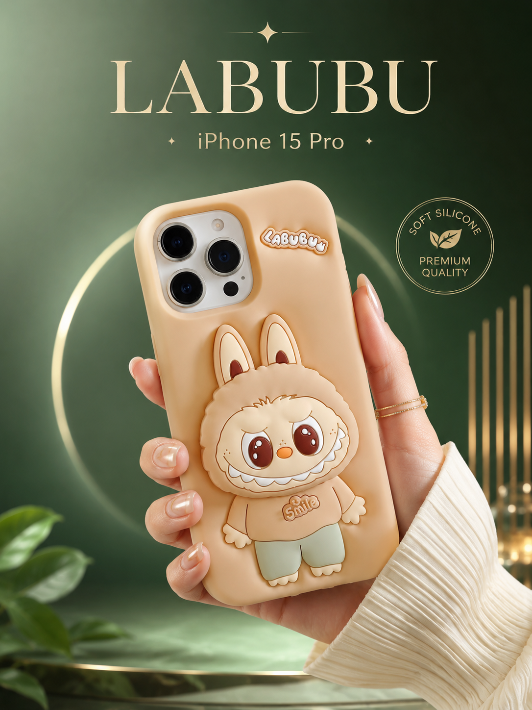 Силиконовый чехол Labubu для iPhone 15 Pro защитный, (Popsocket), бежевый