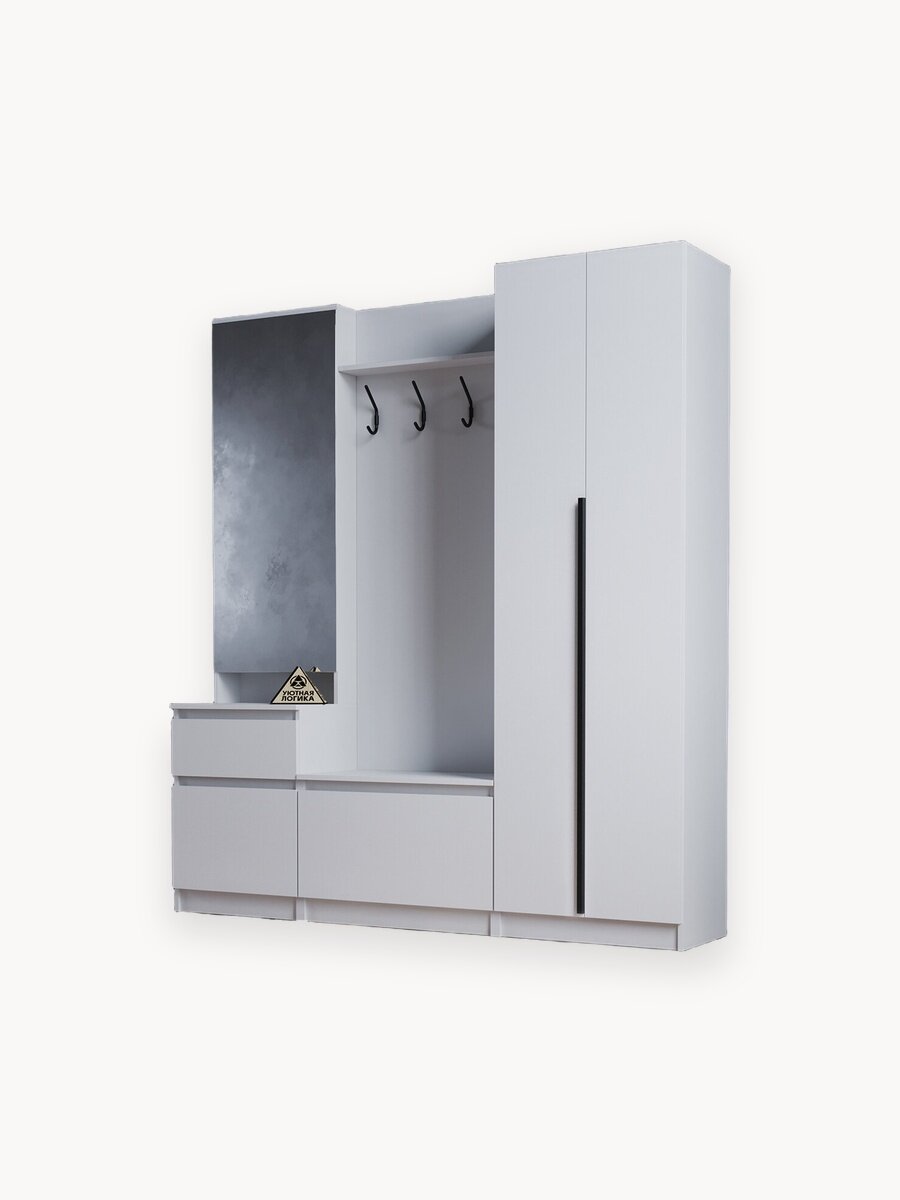 Прихожая вешалка с ручкой 180*200*38 см, белая, с ящиком, с зеркалом