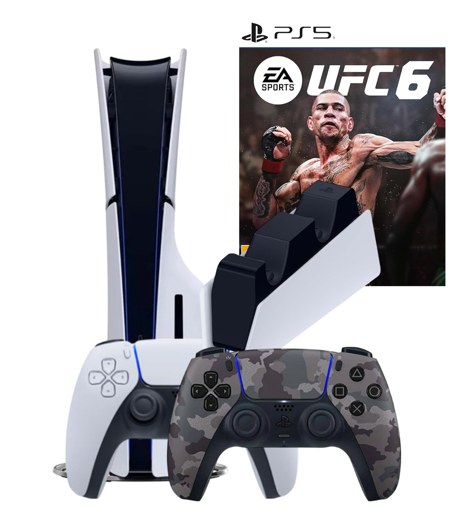 Игровая приставка PlayStation 5 Slim + 2й геймпад камуфляж + игра UFC6 + станция зарядки