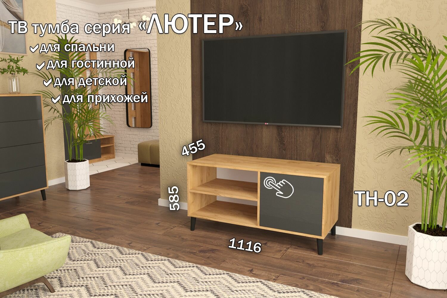 ТВ тумба 1 дв. ТН-02 Дуб крафт золотой/Антрацит (120 CR Black)