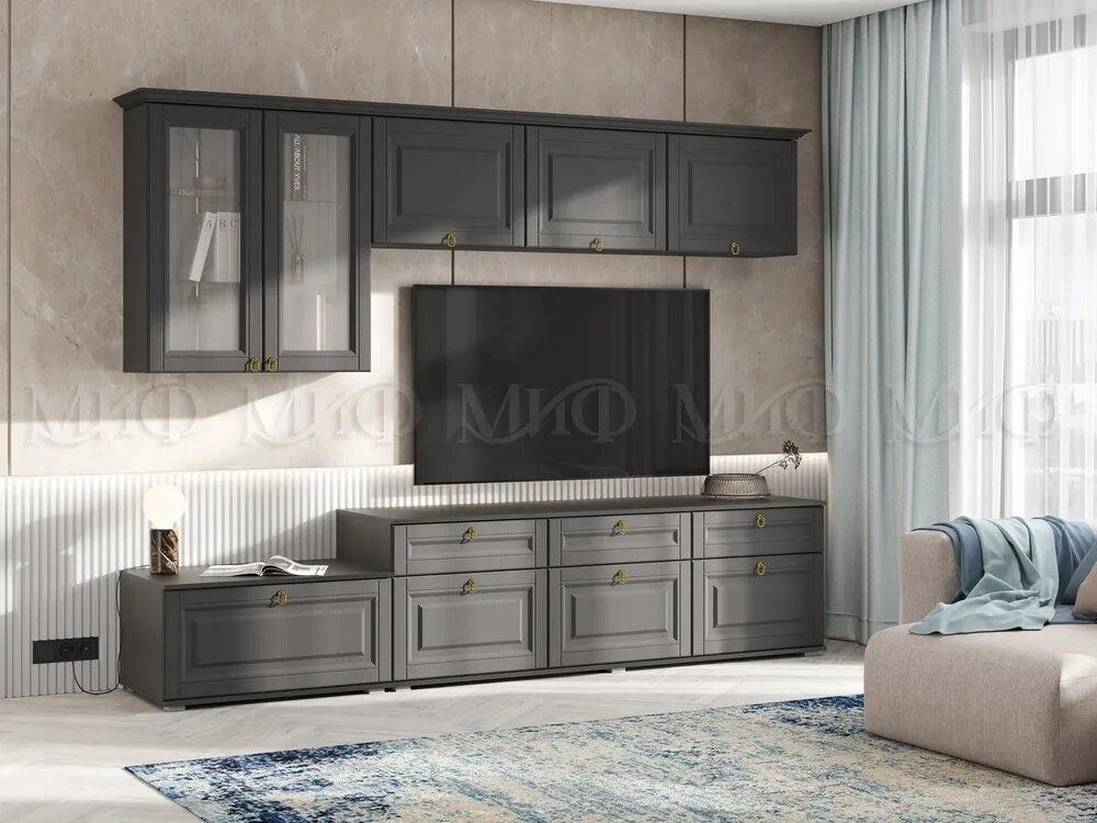 Стенка в гостиную МДФ "Престиж 1" (Графит / Графит структурный) Набор 11