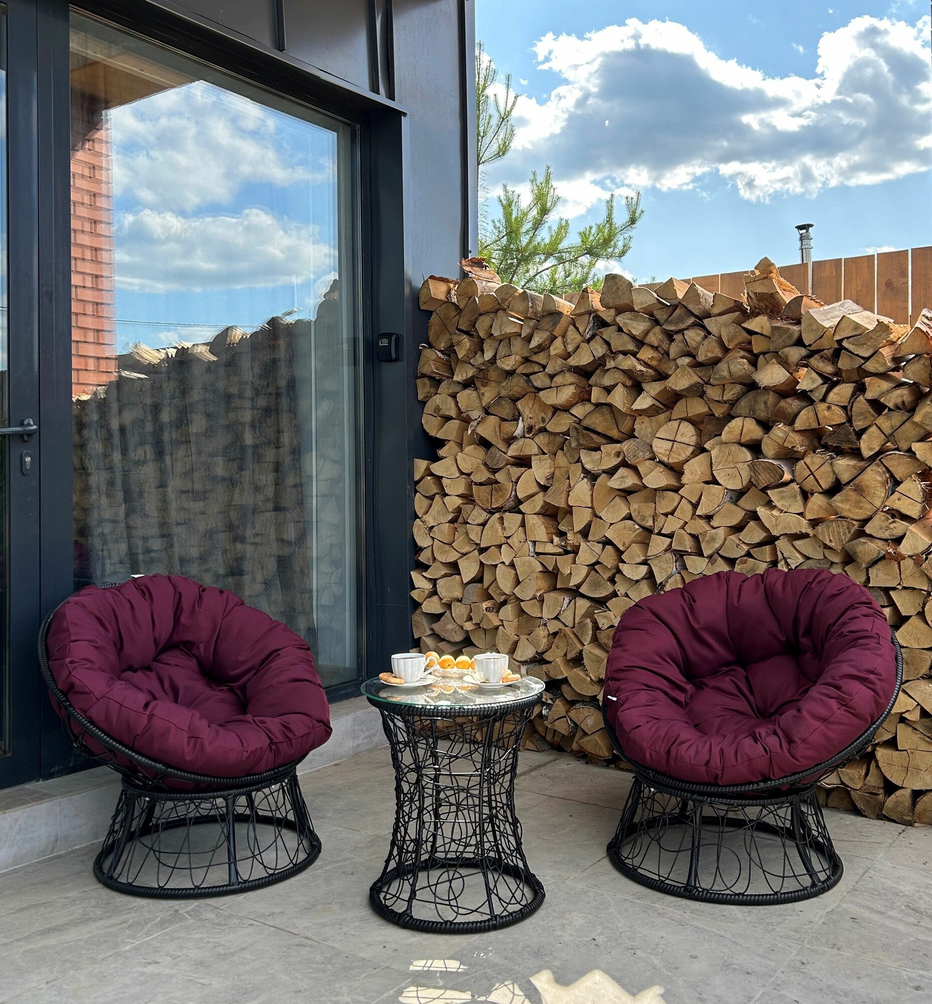 Набор садовый папасан черный 2 кресла, столик + 2 подушки (бордовый, полиэстер)