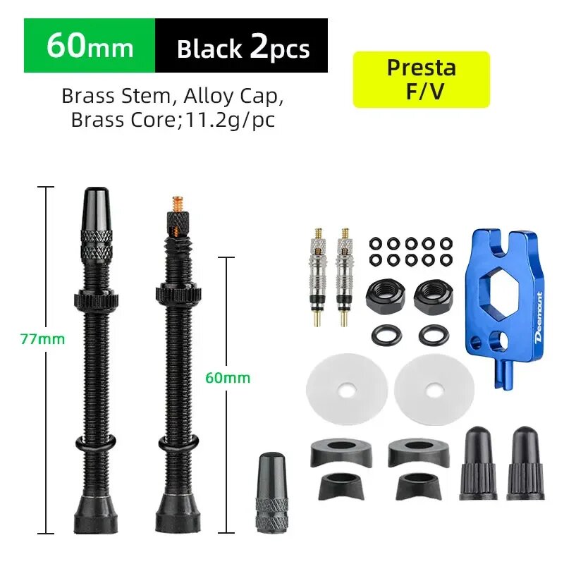 DEEMOUNT Преста клапаны велосипедные бескамерные 40/60/80 мм Черный, 60mm Brass BK FB4