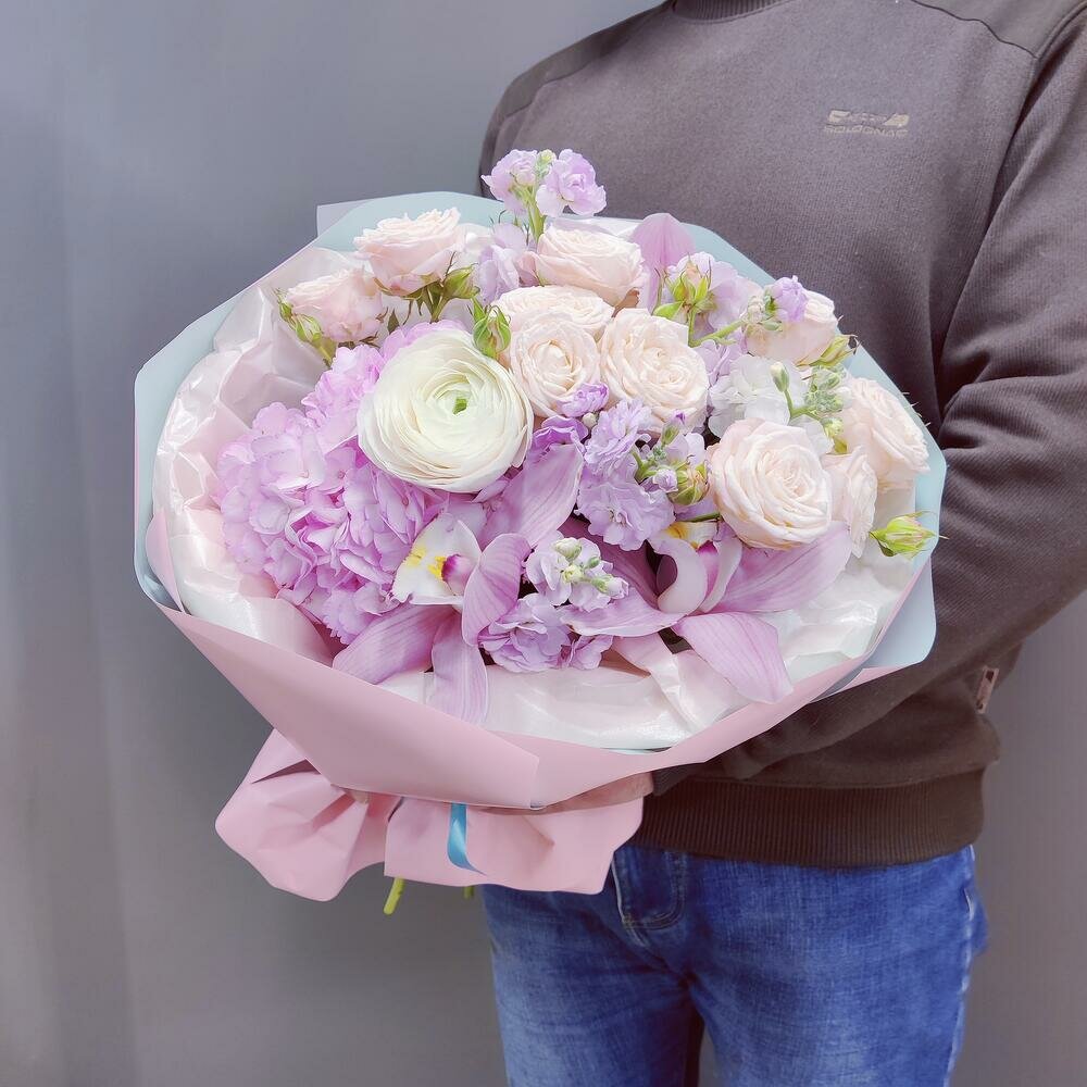 Сборный букет Цветочный ЛЕС Нежный, 60 см, фиолетовый/белый/розовый