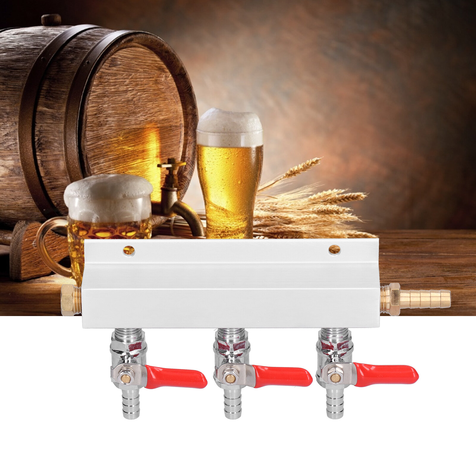 3 Way Gas Splitter CO2 Gas Distribution Manifold с 5/16 Inch Beer Integrated Check Valves, материал Алюминий + Сталь + Медь, вес 460 г, 1 штука