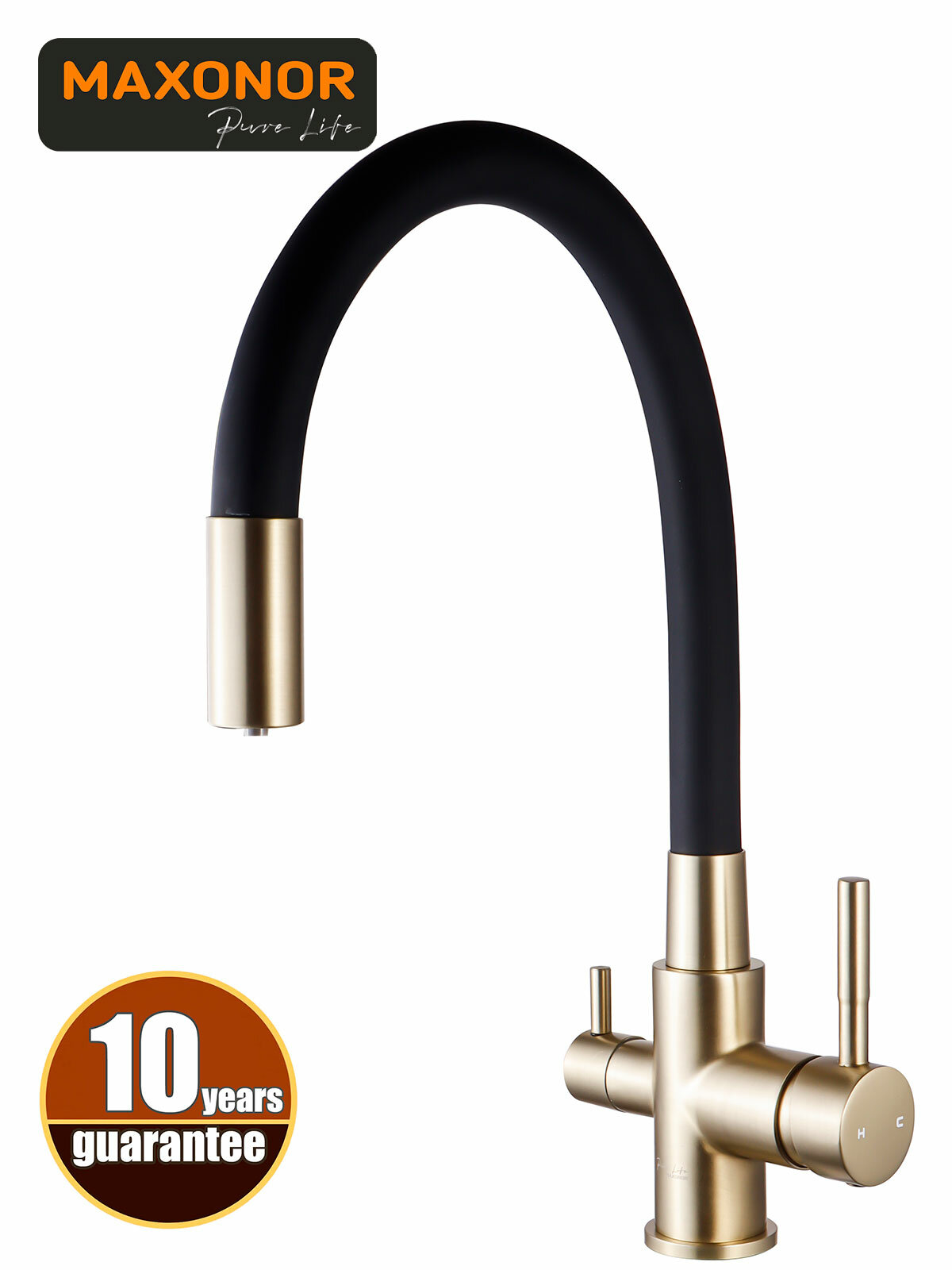 Гибкий смеситель для кухни с подключением фильтра питьевой воды Maxonor PURE LIFE PL4461-6/7 Золото / Чёрный