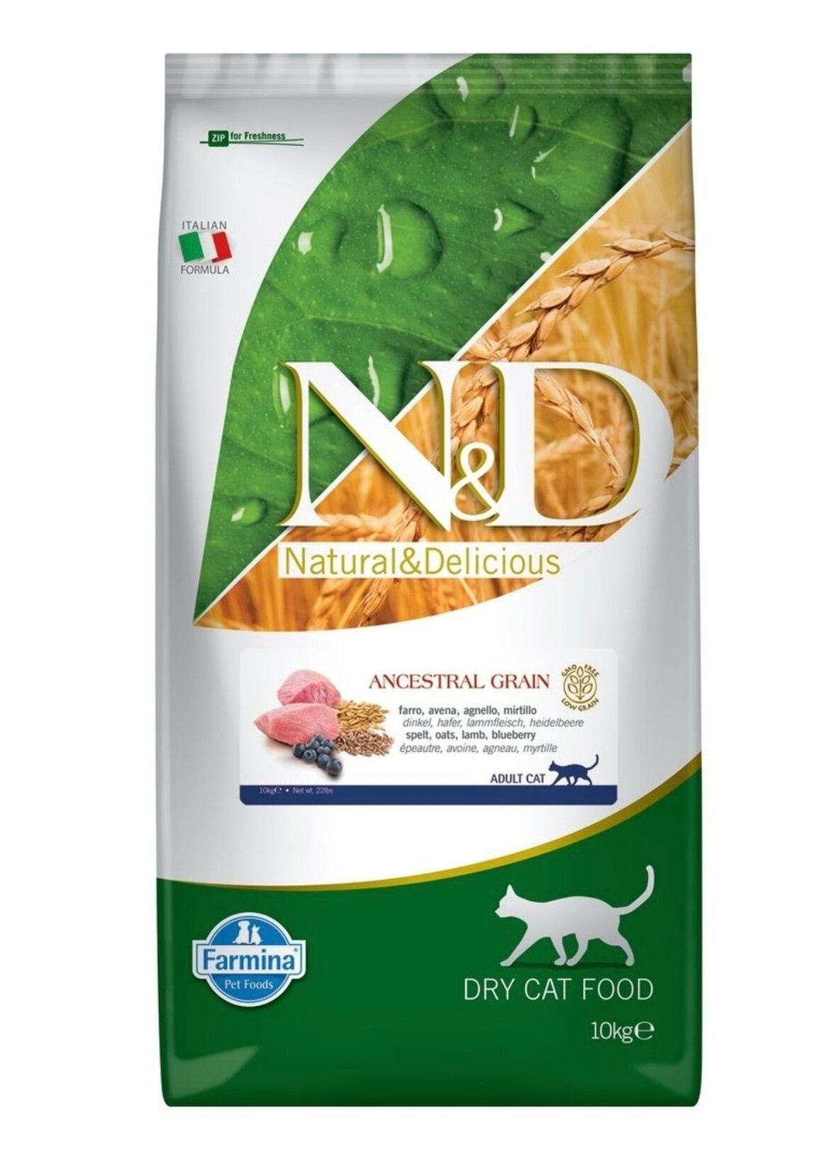 Корм сухой FARMINA ND ANCESTRAL GRAIN CAT Lamb Blueberry Adult для взрослых кошек с ягнёнком, 10кг