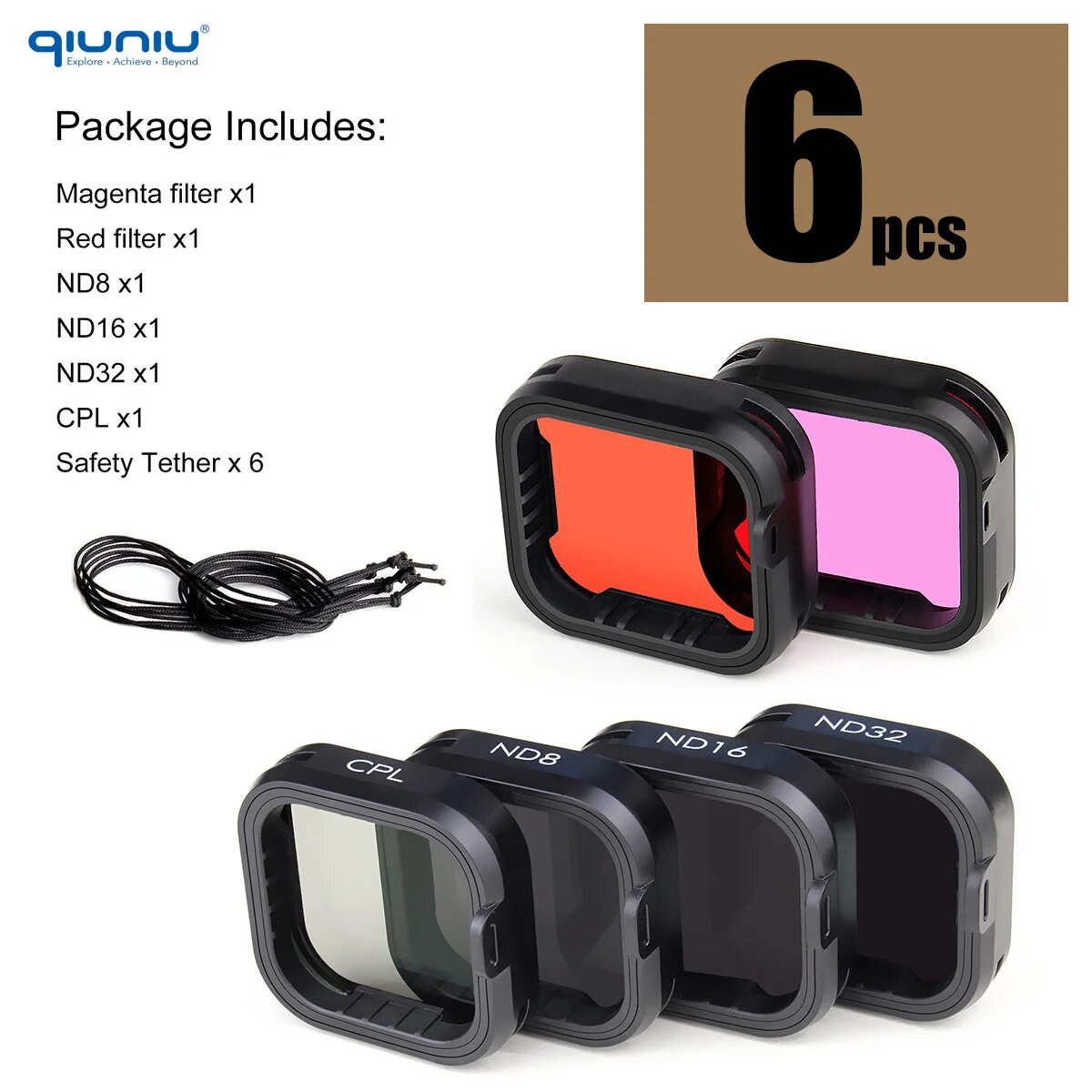 QIUNIU 6 шт. фильтры для GoPro Hero 13 (ND, CPL, Red, Magenta)