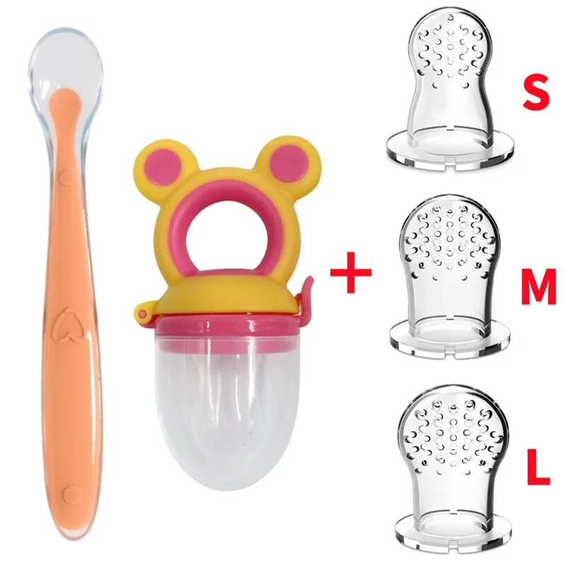 Силиконовая соска-кормушка с ложкой и 3 насадками, Pink 5PCS Set